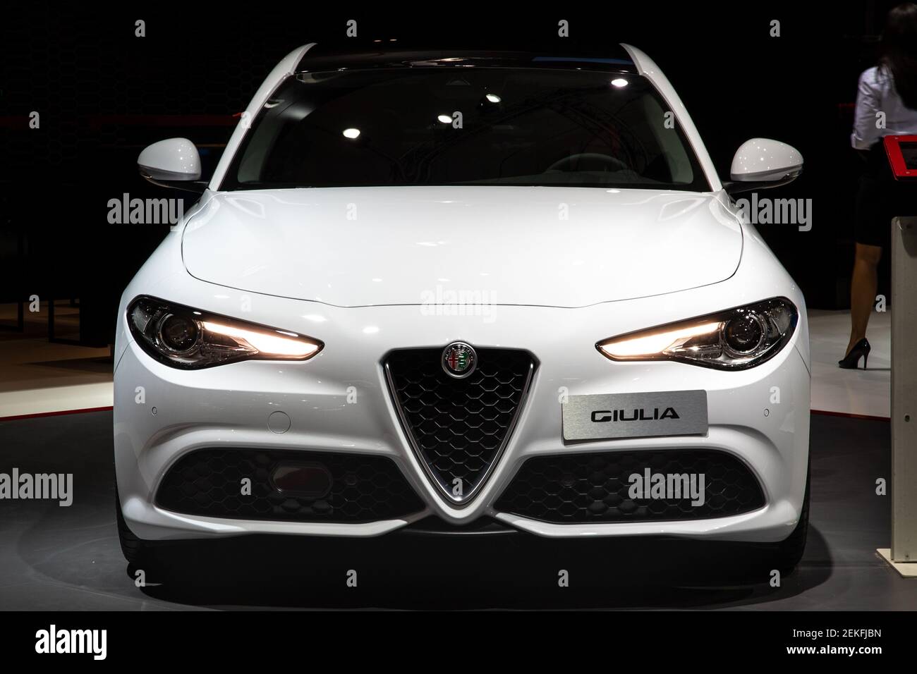 Alfa Romeo Giulia sports sedan car showcased at the Brussels Autosalon ...