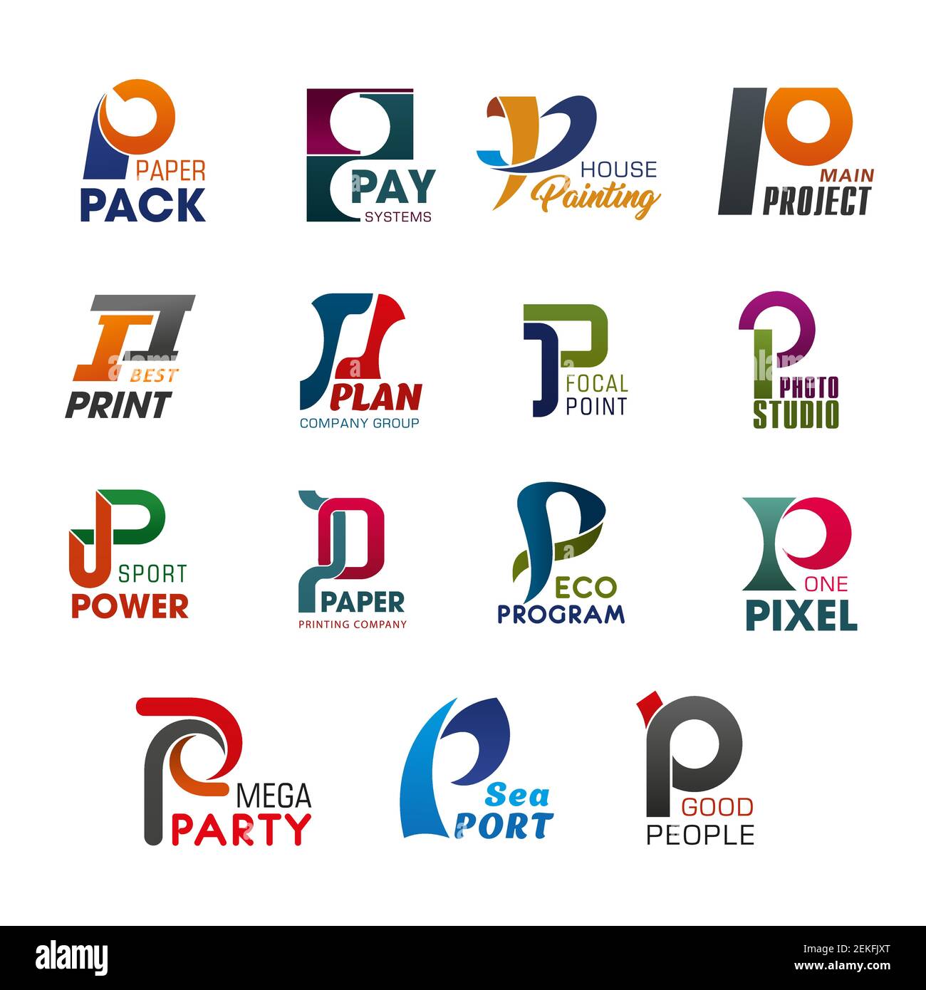Letter P icons for business in abstract design. Pack and pay, painting ...