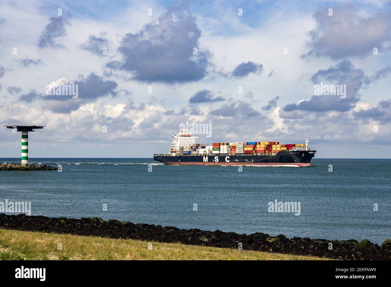 MSC container ship in the North Sea arriving at the Port of Rotterdam ...