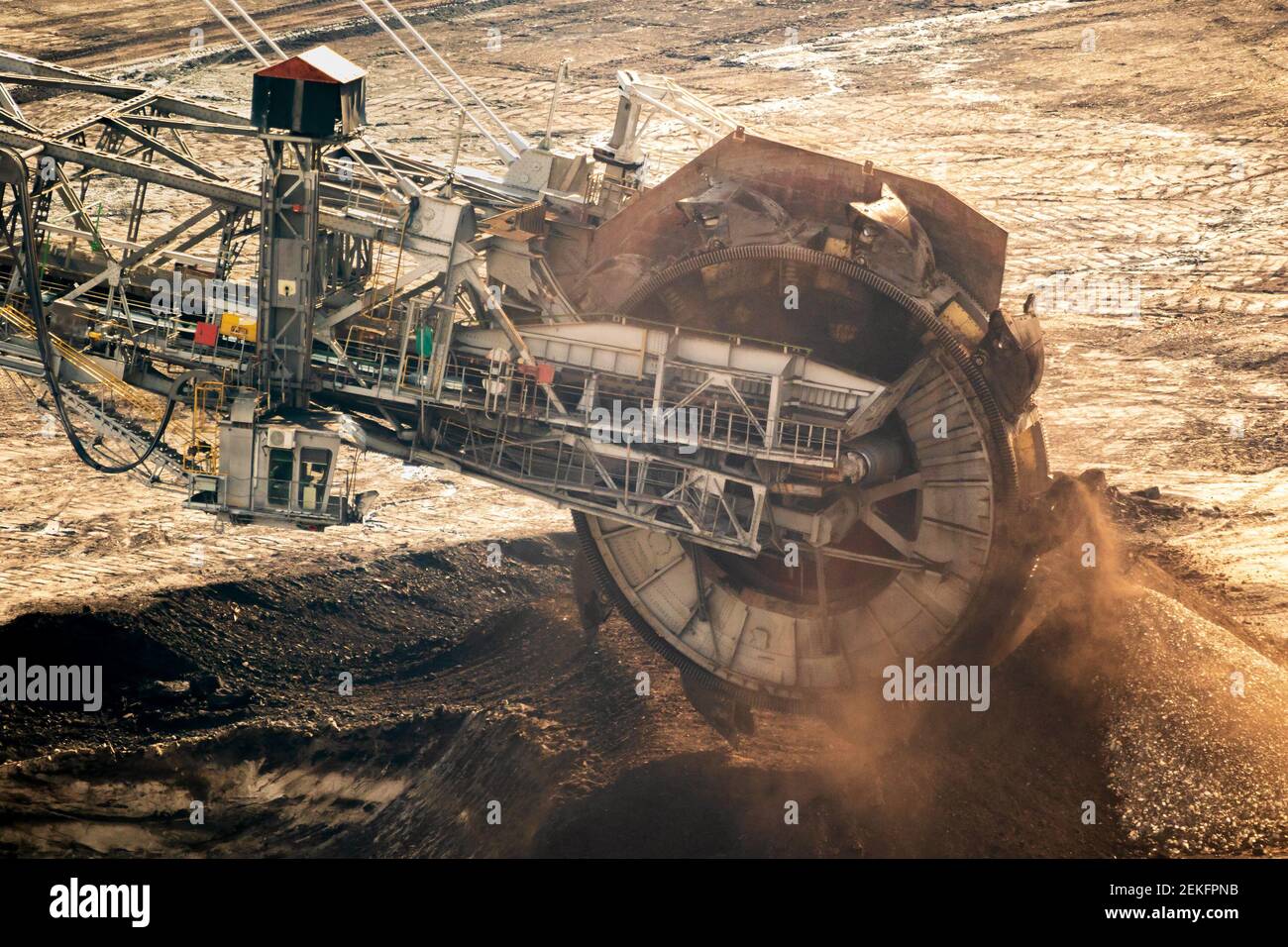 Large bucket wheel excavator mining machine at work in a brown coal ...