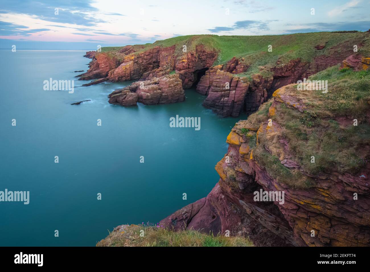 Coastal landscape of the red sandstone Seaton Cliffs during sunset or ...