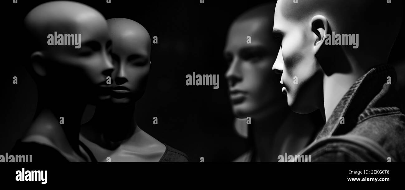 Dummy people, fashion human head. Group of technology mannequin robots ...