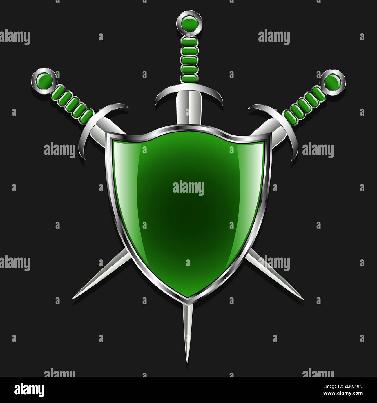 Shield with swords. Metal shield and three swords. Green field and ...