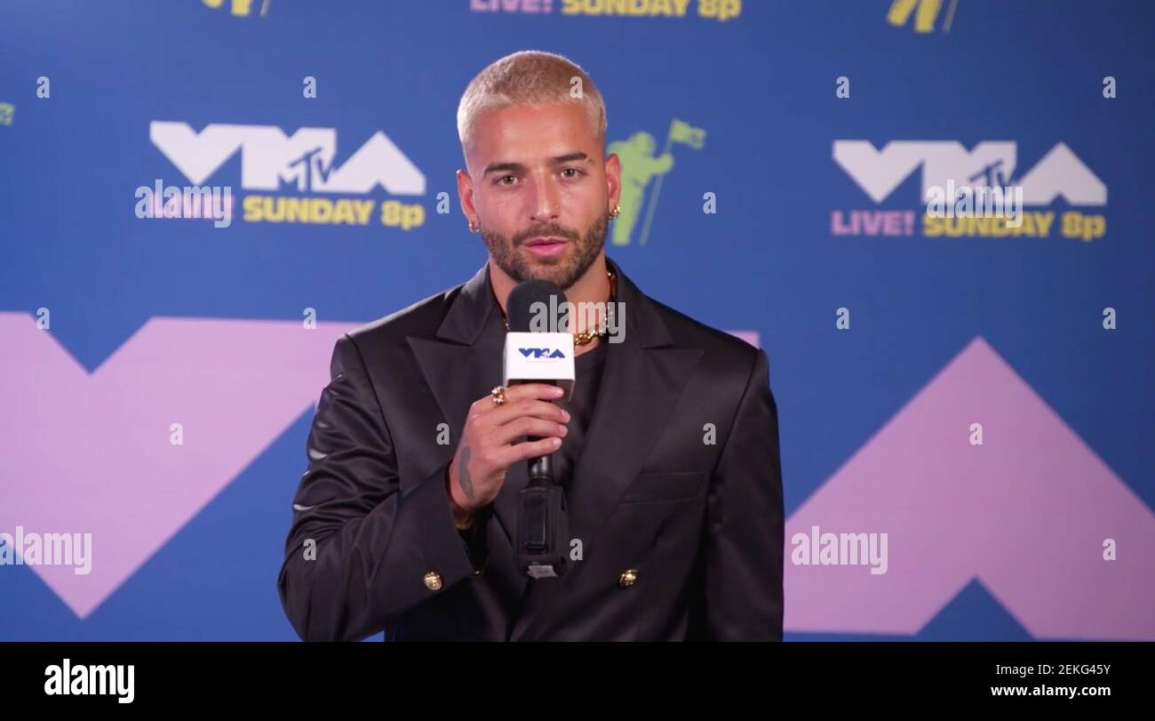 Maluma during an interview for the 2020 MTV Video Music Awards in a ...
