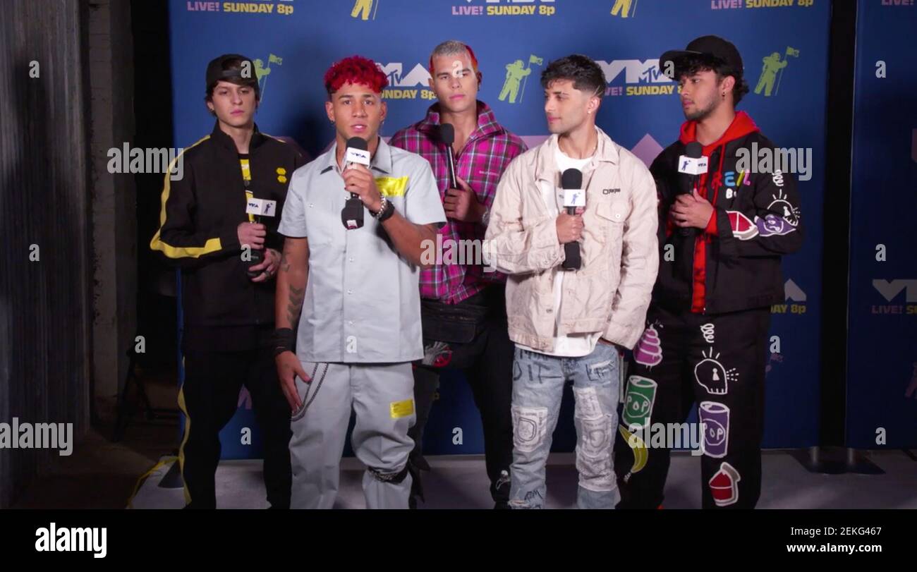 CNCO during an interview for the 2020 MTV Video Music Awards in a ...