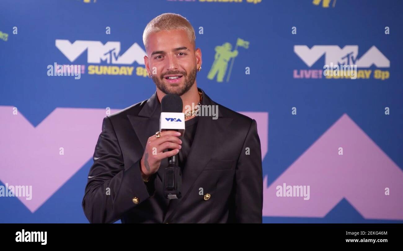 Maluma during an interview for the 2020 MTV Video Music Awards in a ...