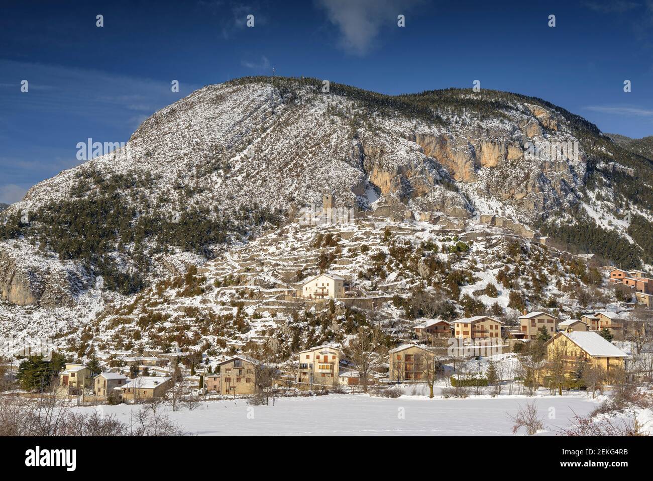 Gósol village in a morning after a snowfall, near to the Pedraforca ...