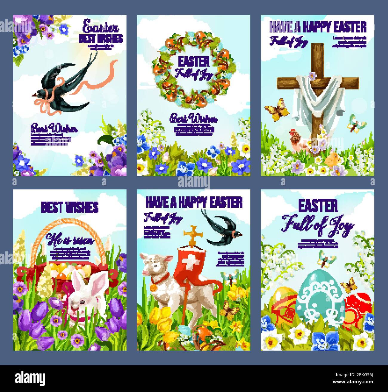 Happy Easter greeting cards of paschal eggs, Jesus crucifix cross and ...