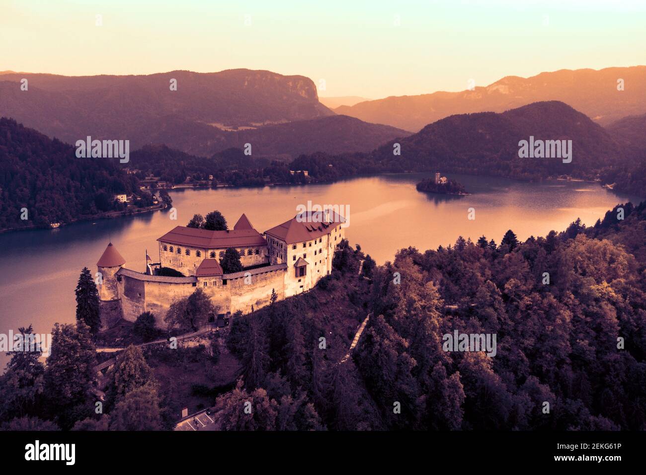 Aerial view of Bled Castle overlooking Lake Bled in Slovenia, Europe ...