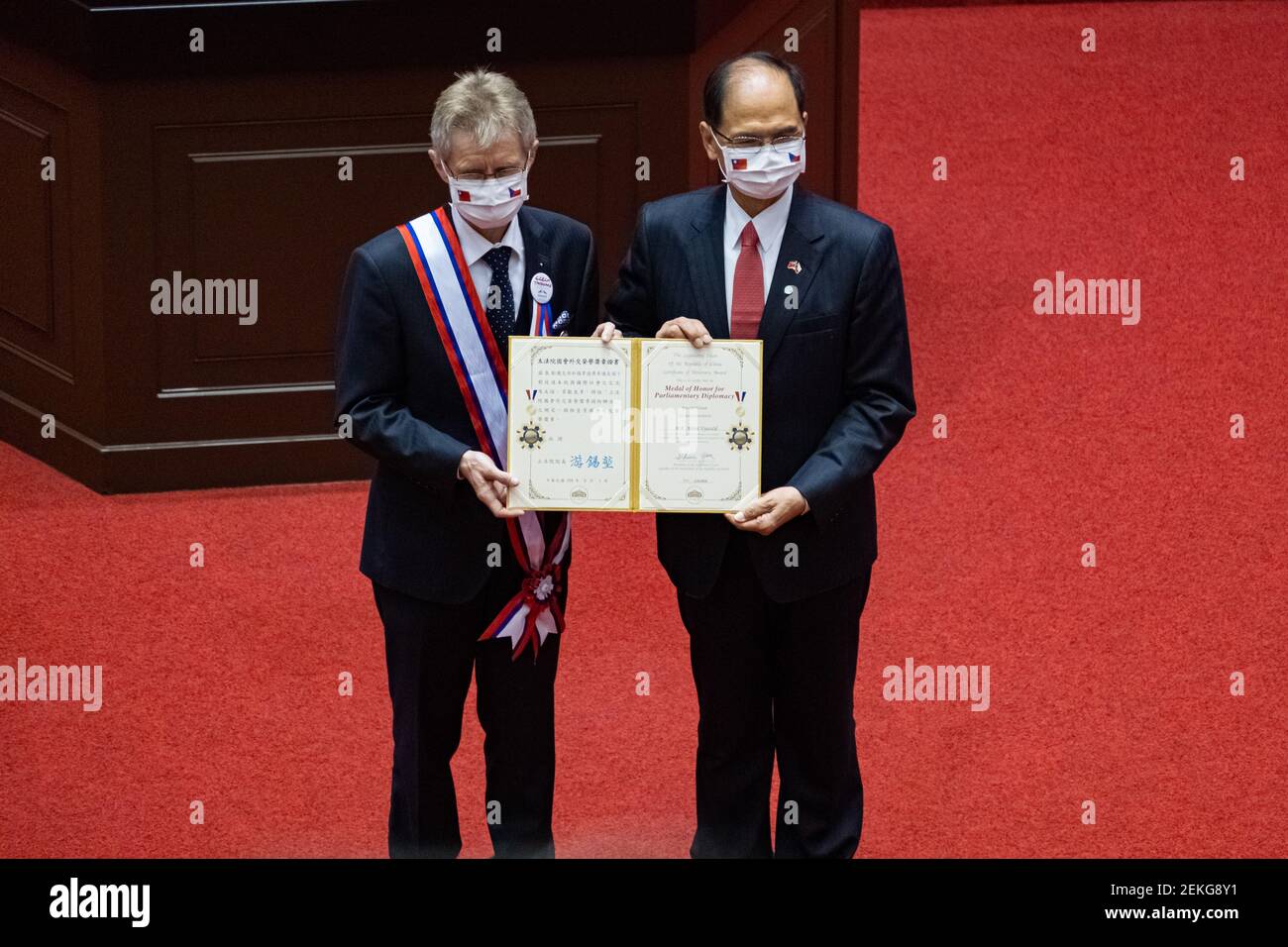 Czech Republic Senate President Milos Vystrcil (L) seen receiving a ...