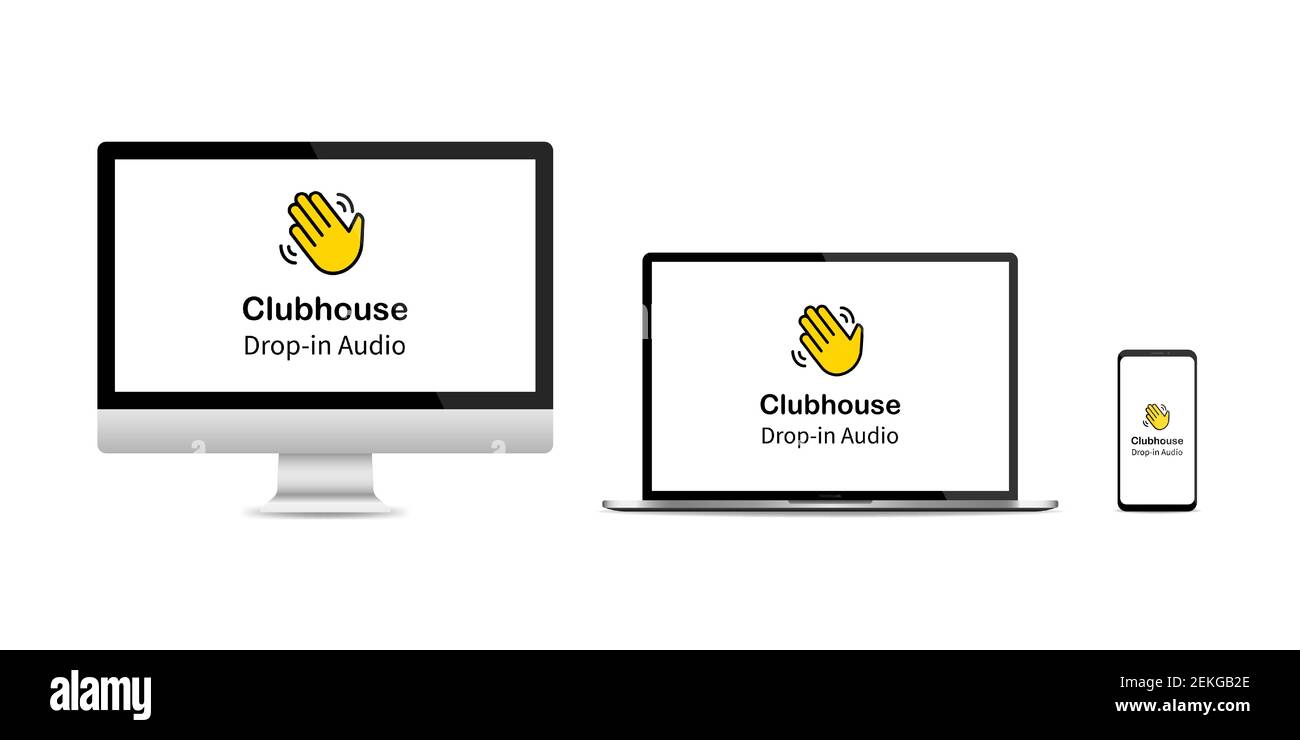 PC laptop tablet and smartphone creen set with Clubhouse invite logo on ...