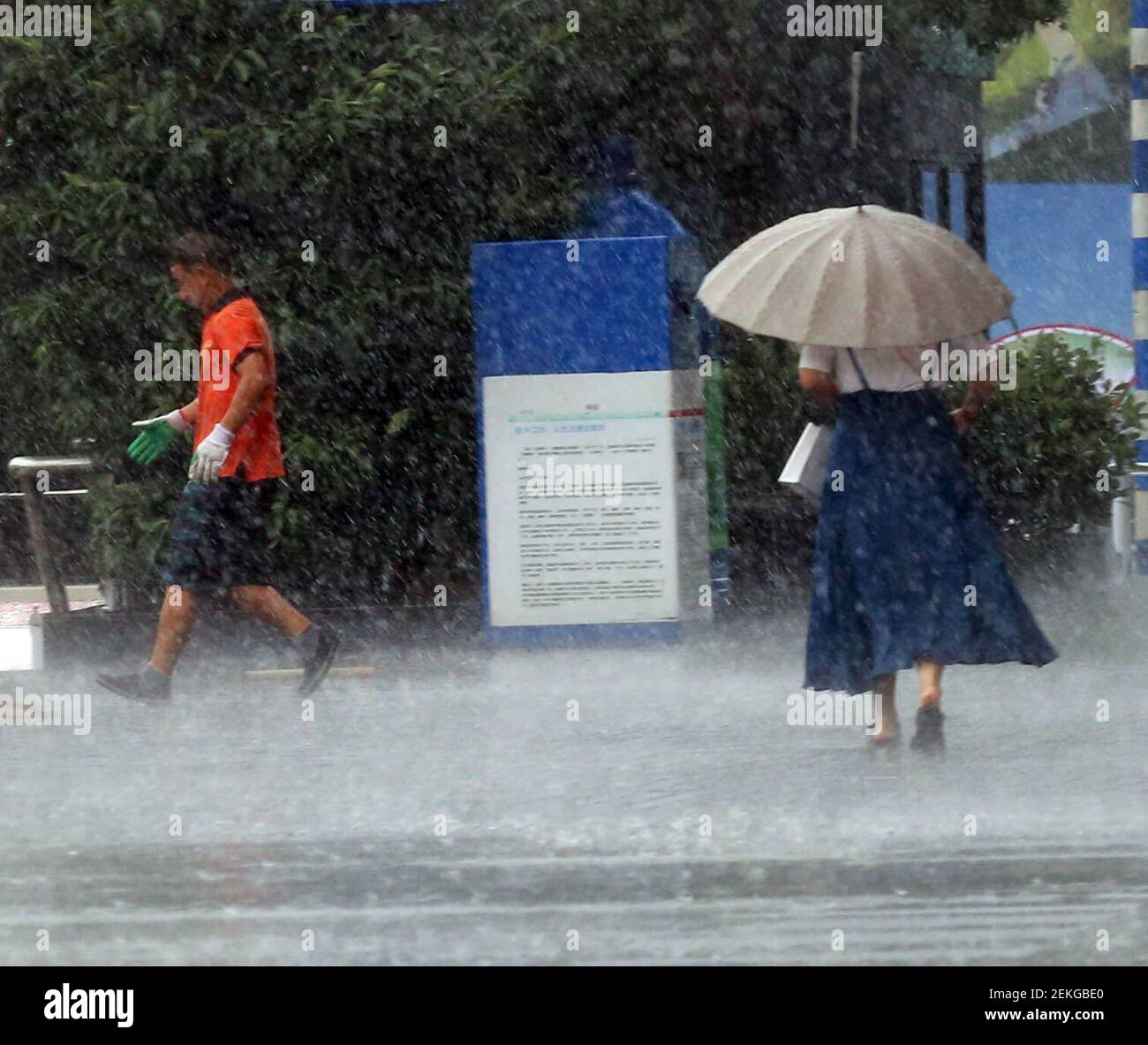 Pedestrians trek with difficulty in the heavy rain while gale blows in ...