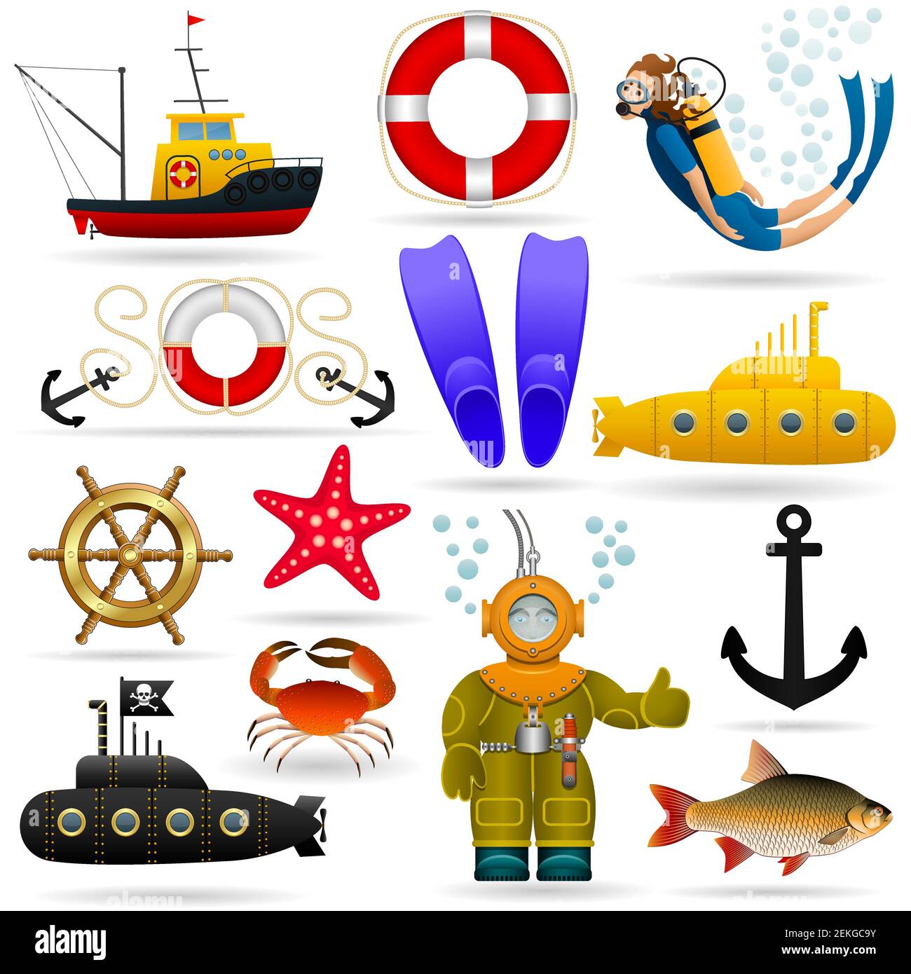 Marine set of objects and characters. Marine animals, water transport ...