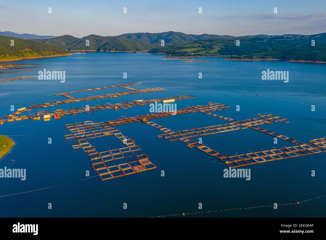Fish breeding structure situated at Kardzhali dam in Bulgaria Stock ...