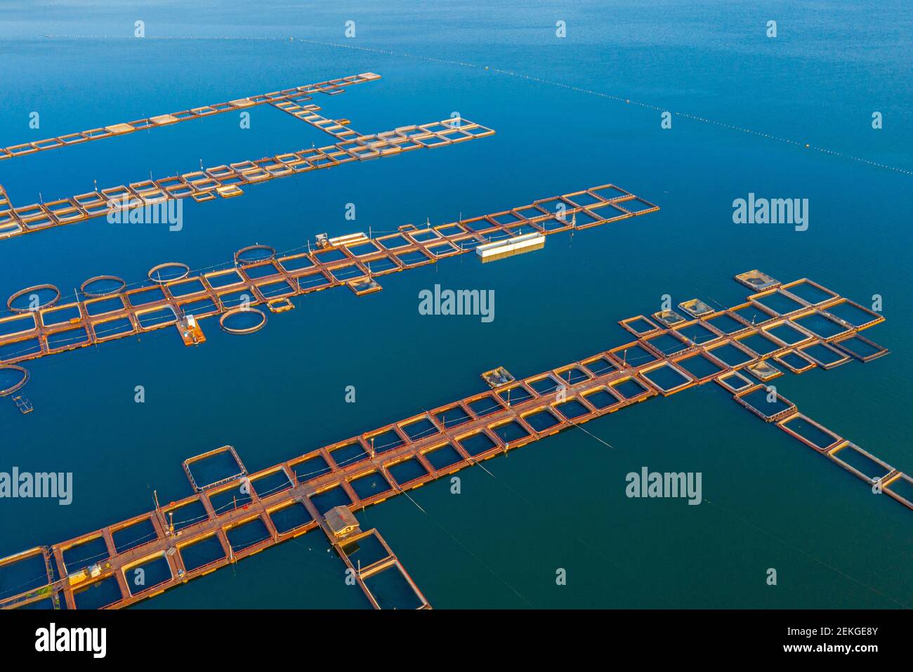 Fish breeding structure situated at Kardzhali dam in Bulgaria Stock ...