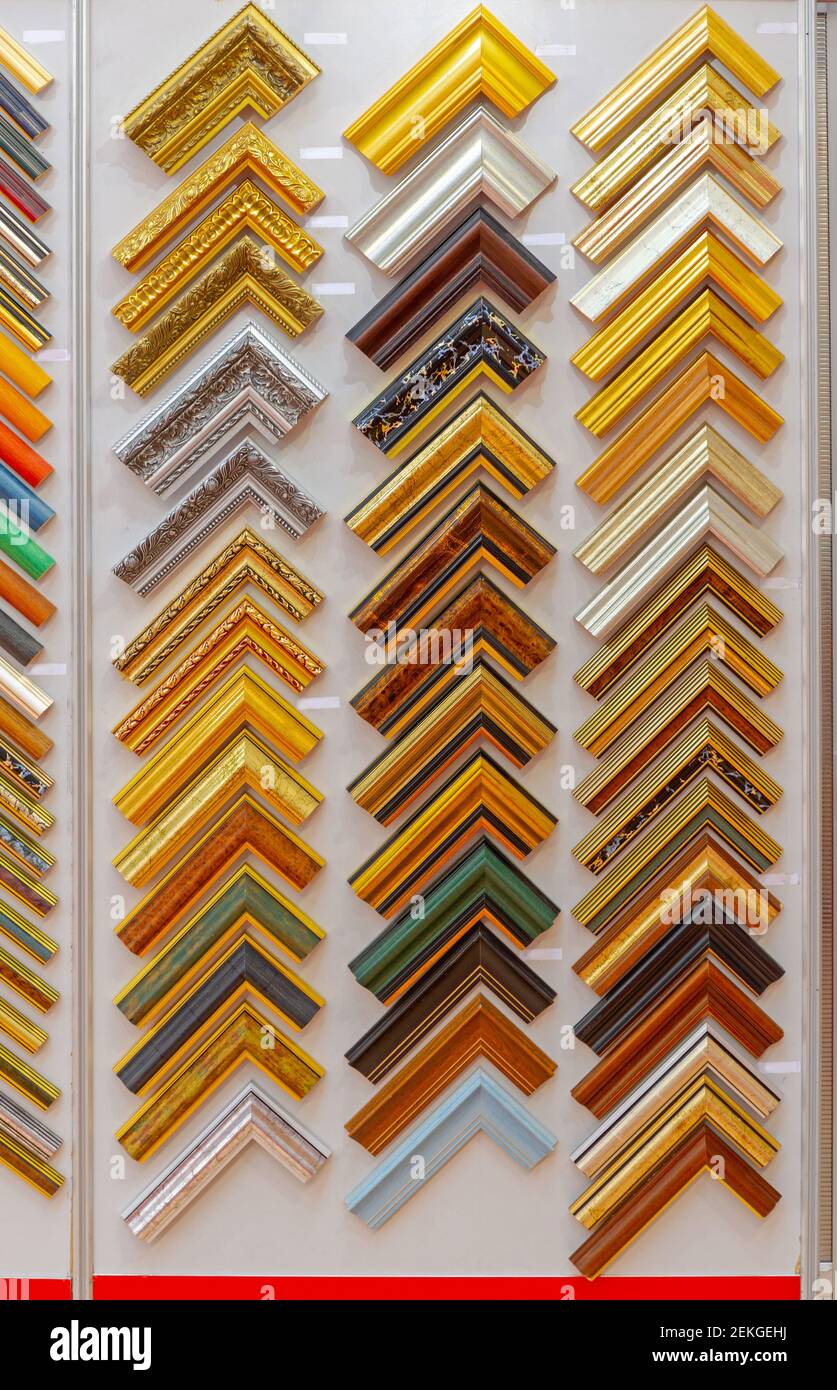 Golden Picture Frame Corner Art Colour Samples at Wall Stock Photo - Alamy
