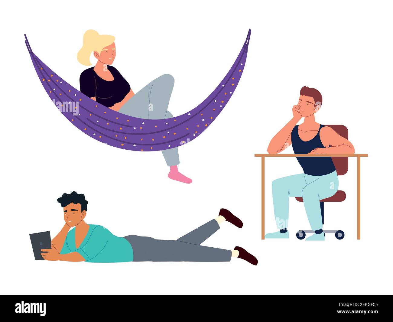 procrastination, people on the floor and hammock with technology device ...