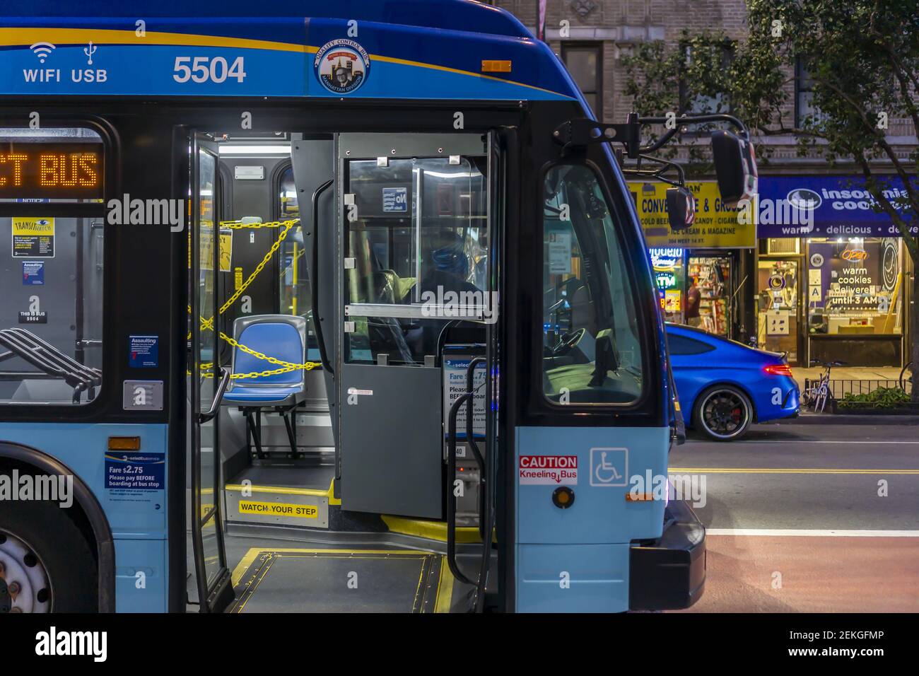 An M14D bus in Greenwich Villlage in New York showing the protective ...