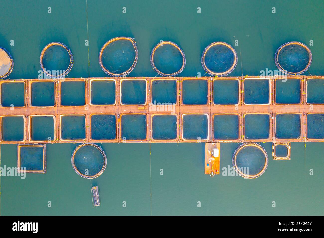 Fish breeding structure situated at Kardzhali dam in Bulgaria Stock ...