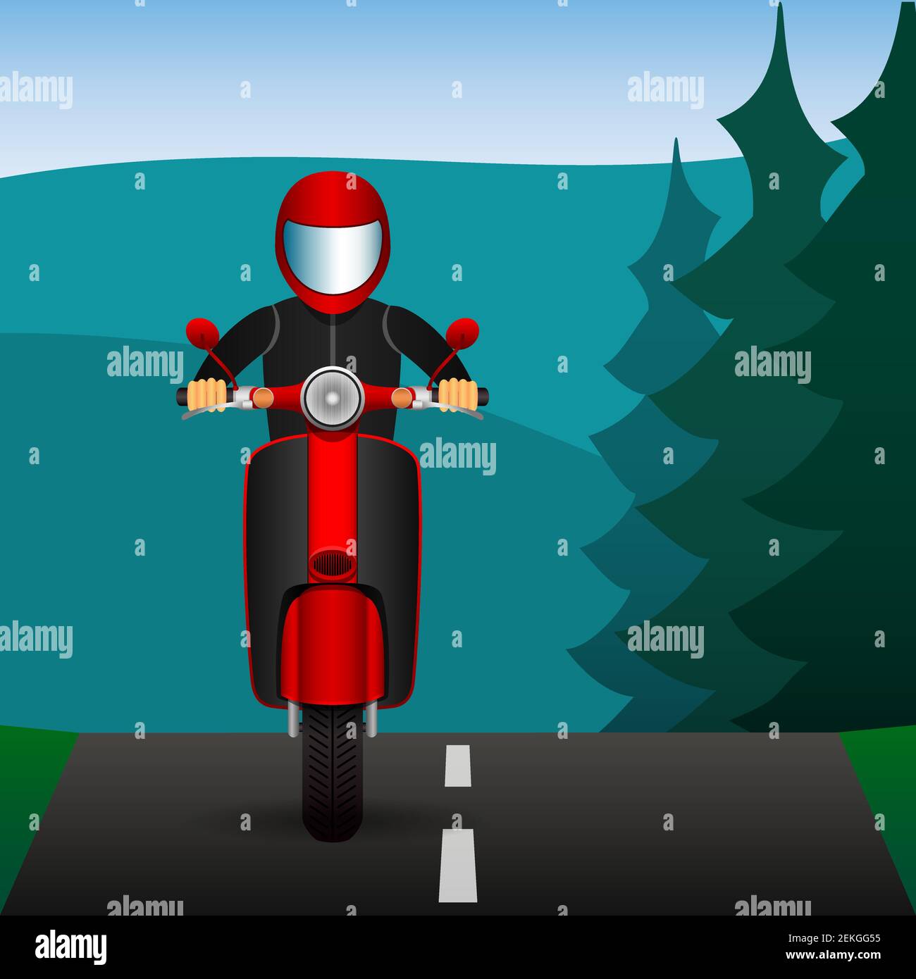 Scooter rides on asphalt roads in the forest. Vector Image Stock Vector ...