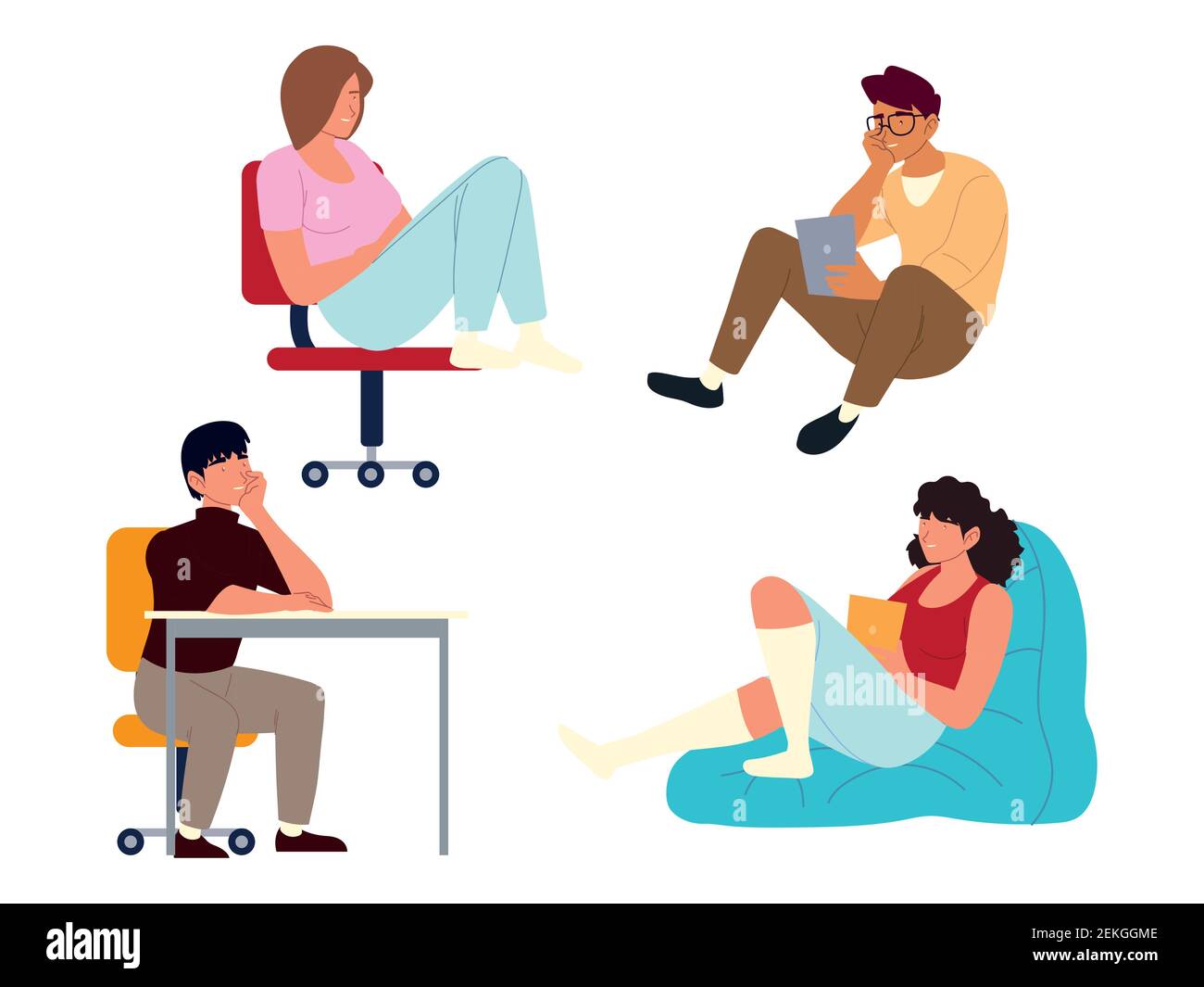 procrastination, people sitting with tablet bored and exhausted ...