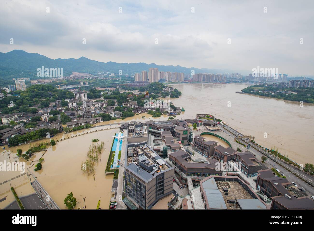Aerial photo taken on Aug. 19, 2020 shows the flooded area in Ciqikou ...
