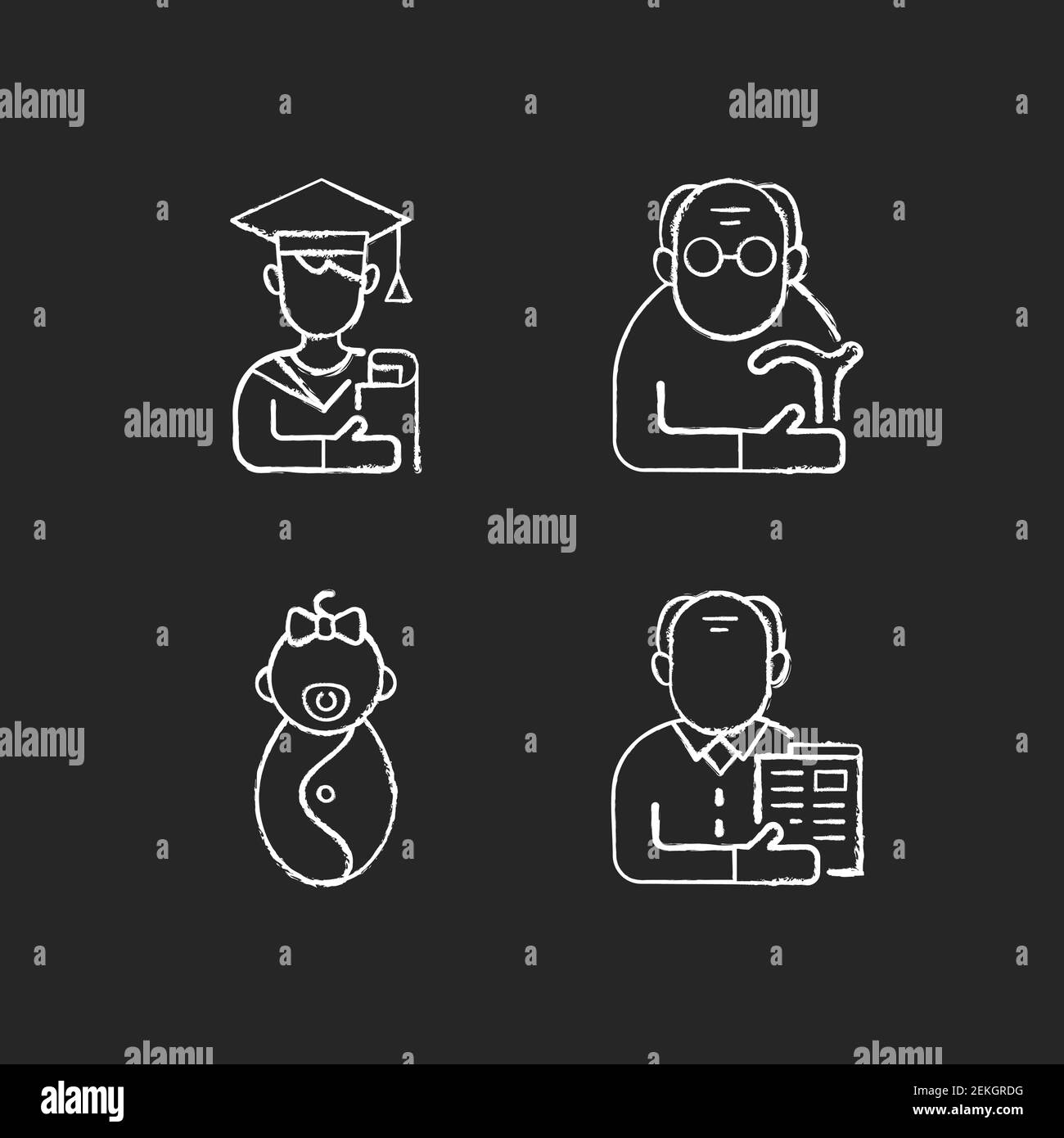 Aging process chalk white icons set on black background Stock Vector ...