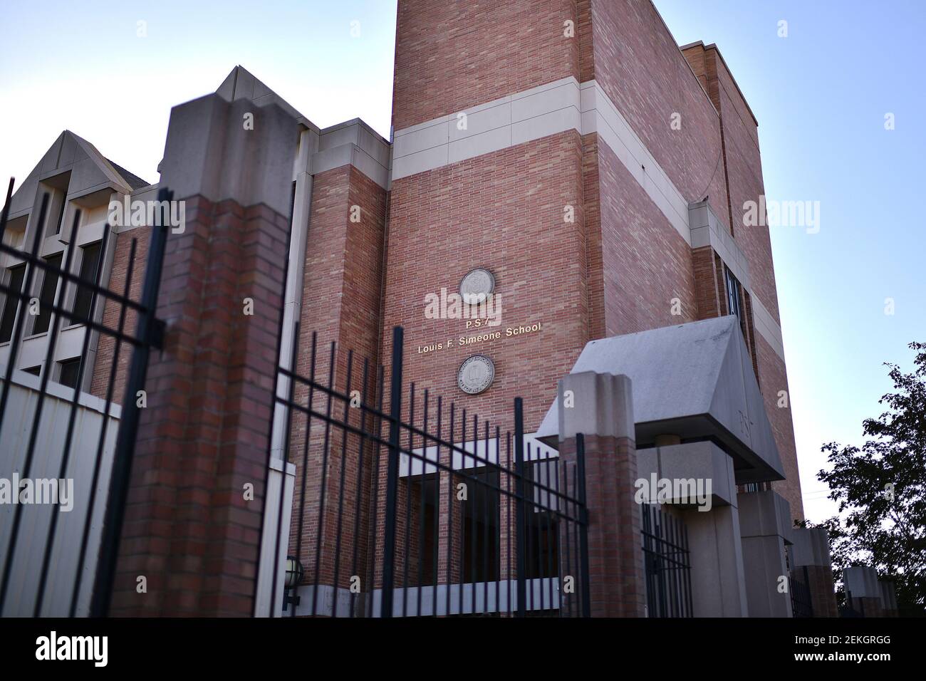 View of the closed entrance to P.S. 7, the Louis F. Simeone school in ...