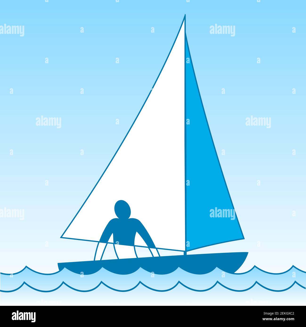 Small sailing boat. Sloop. Ship coming through waves under sail. Man on ...