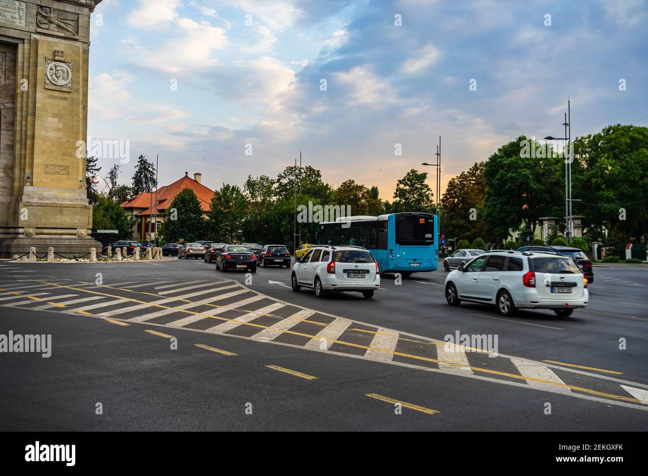Car traffic at rush hour in downtown area of the city. Car pollution ...