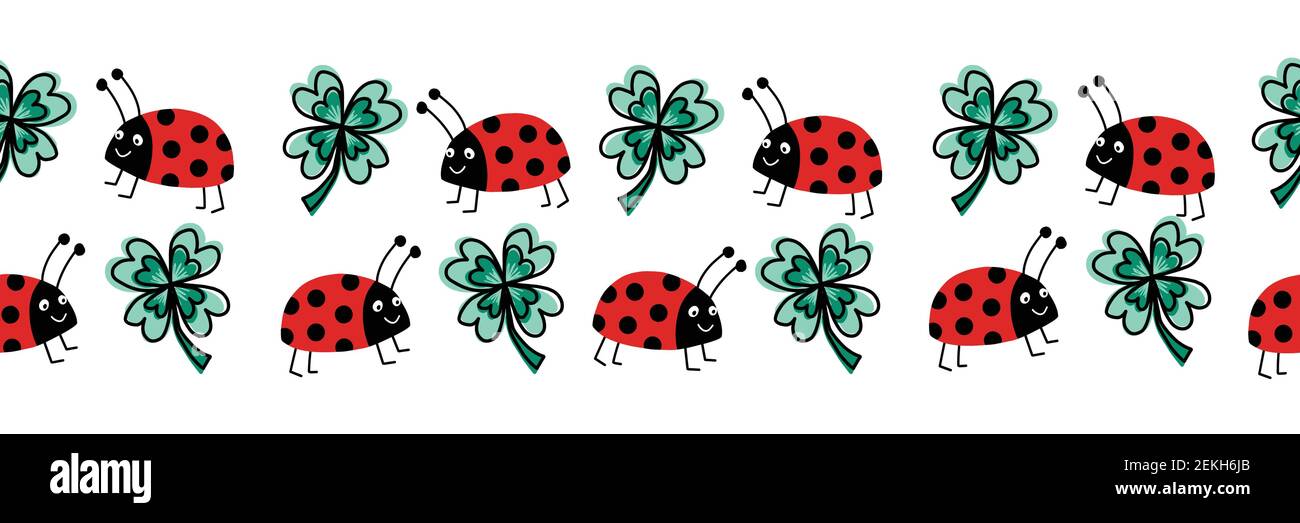 Seamless ladybug and four leaf clover vector border. Flat red Ladybugs ...
