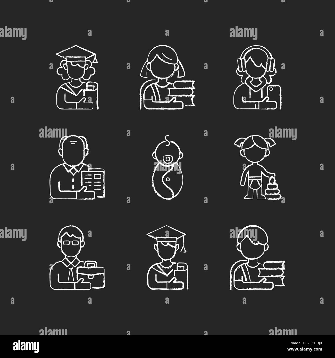Age and gender differences chalk white icons set on black background ...