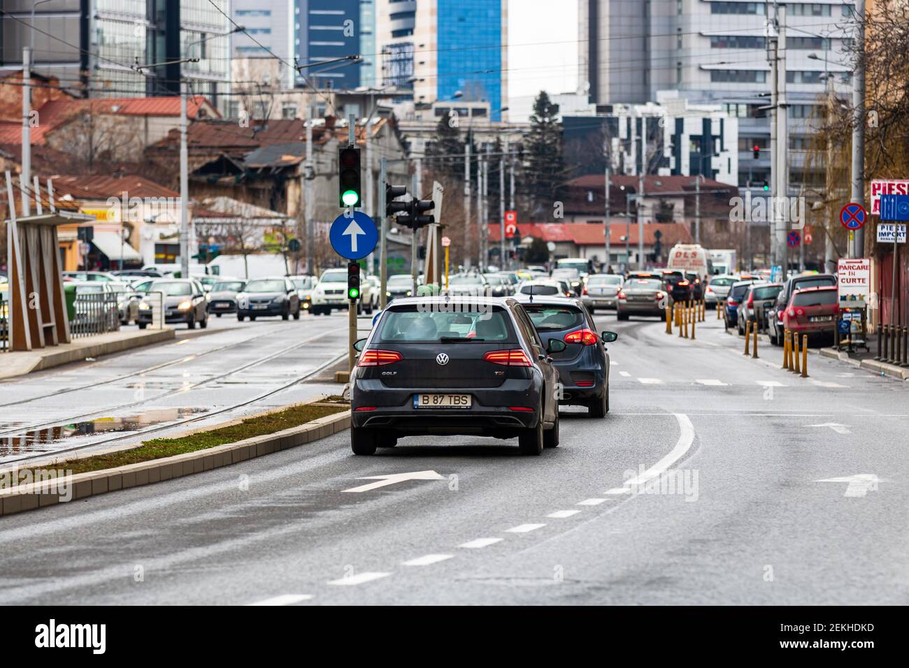 Car traffic at rush hour in downtown area of the city. Car pollution ...