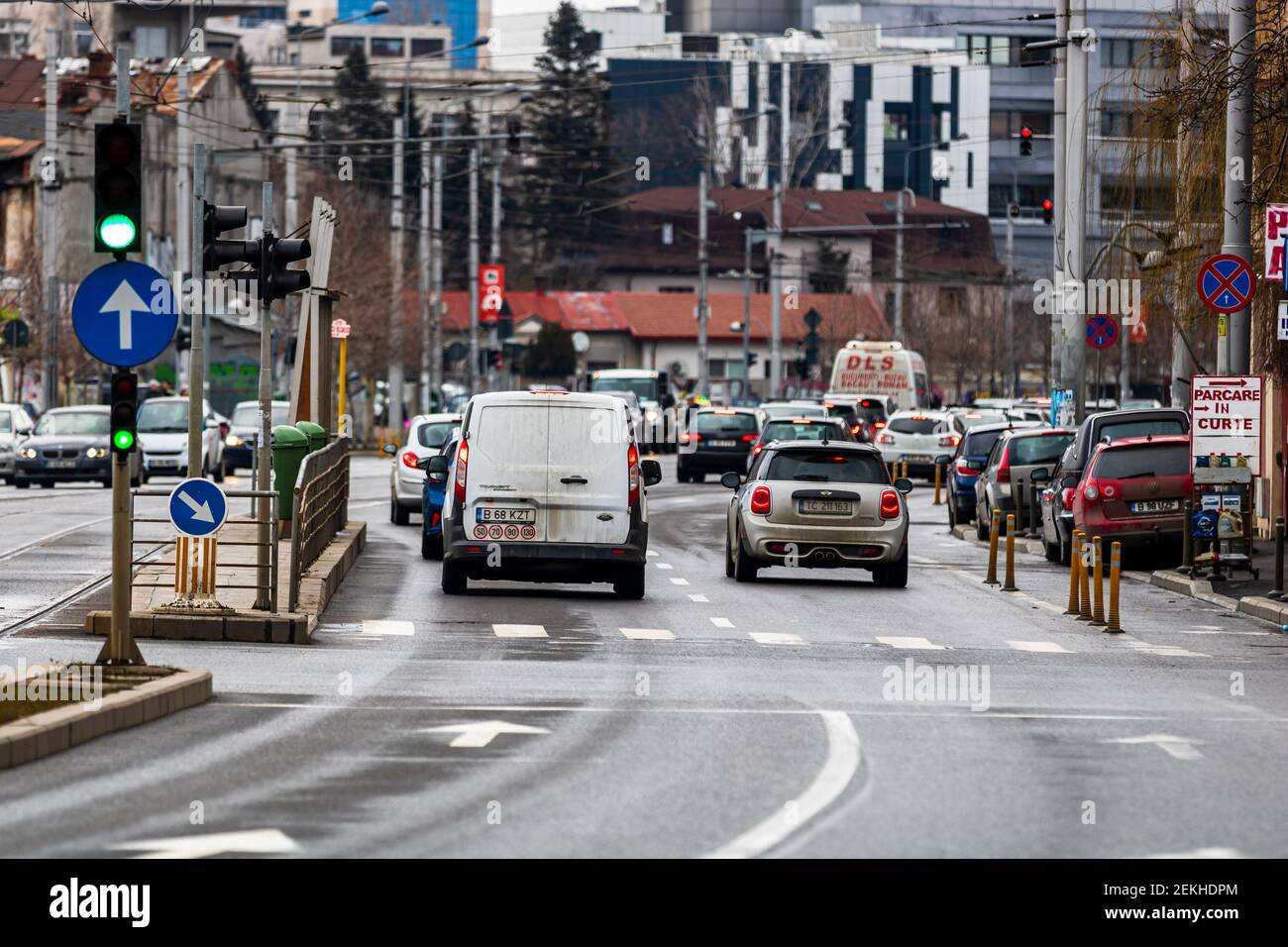 Car traffic at rush hour in downtown area of the city. Car pollution ...