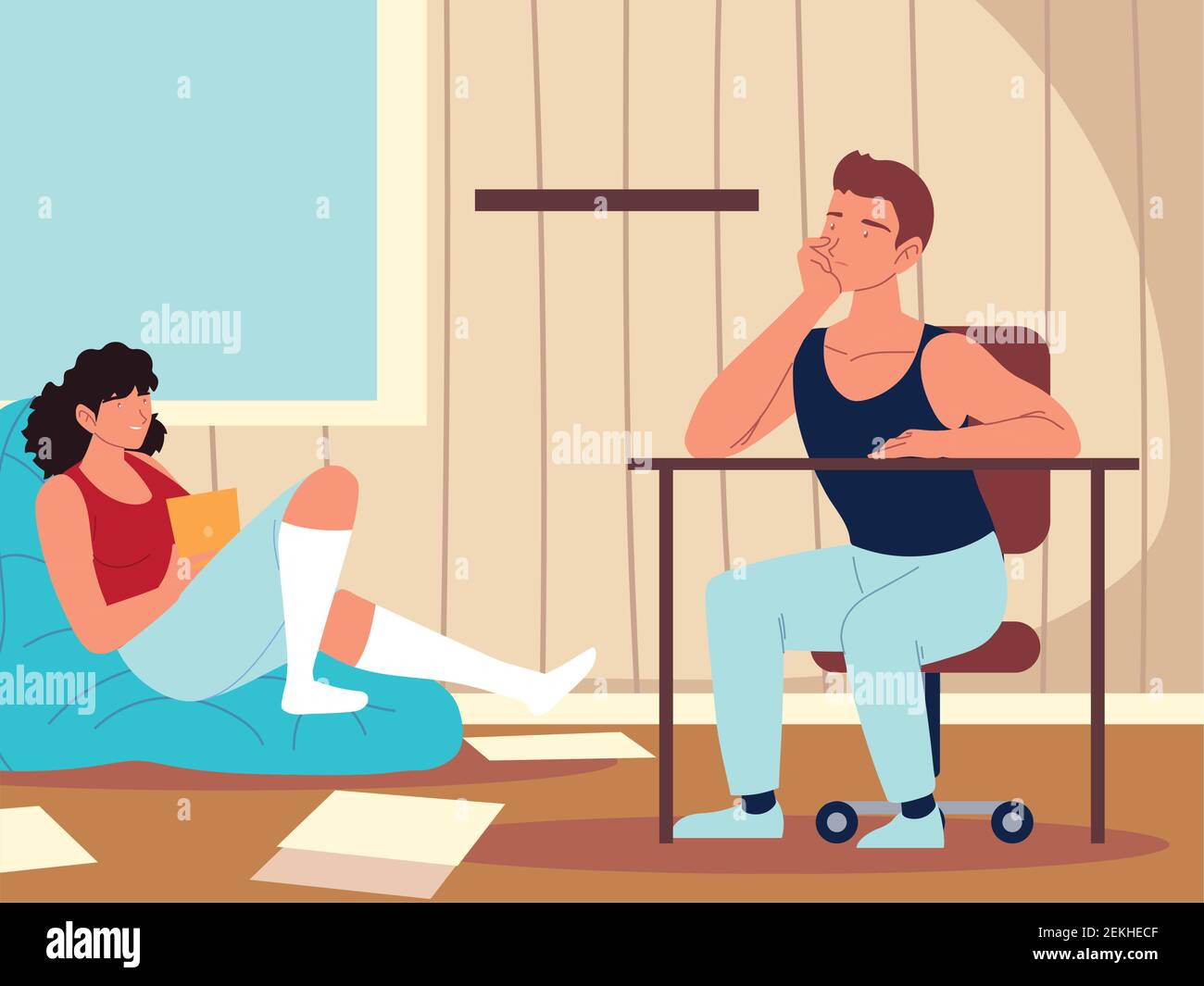 procrastination, man at desk and woman using tablet in the room vector ...