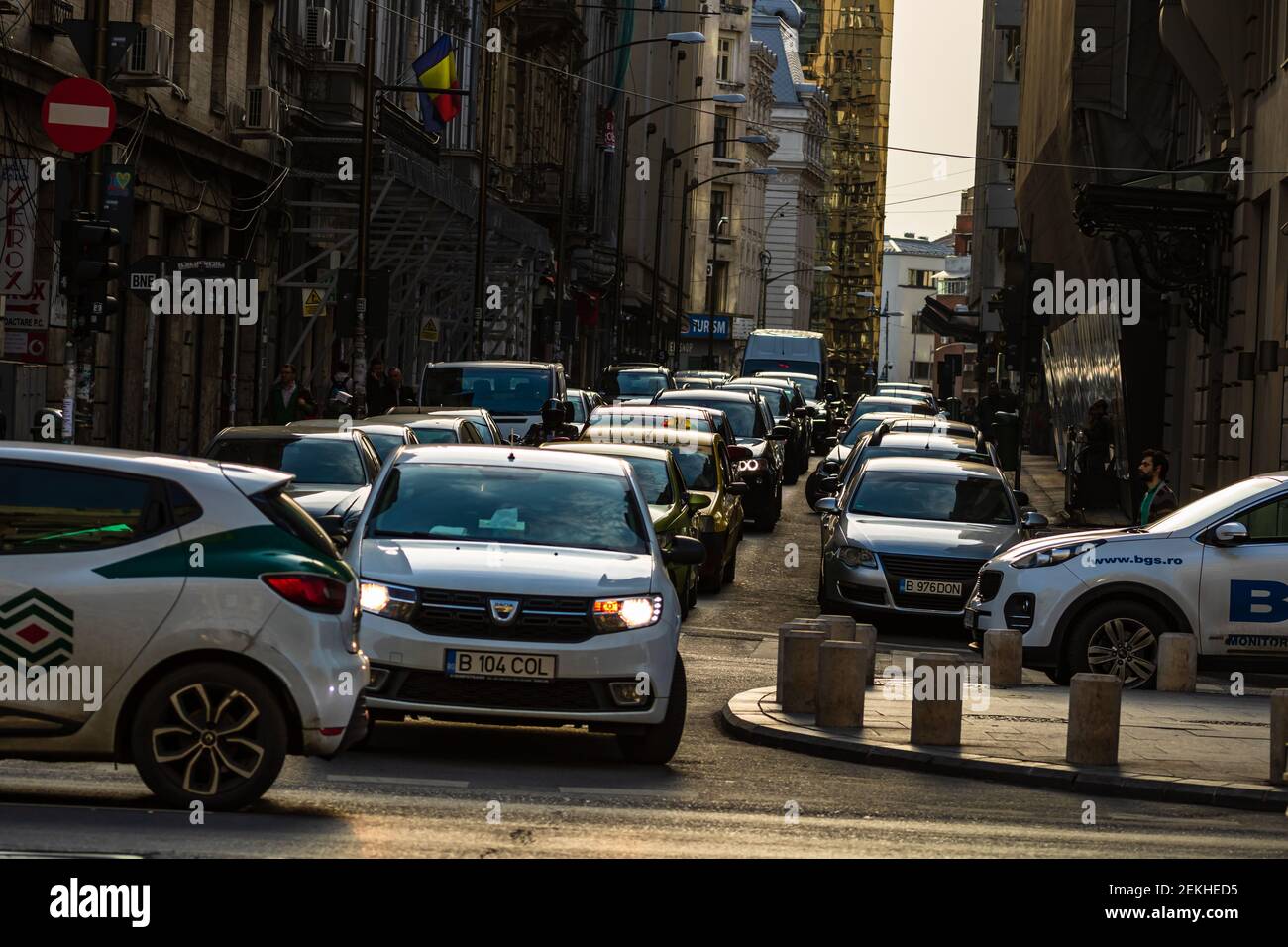 Car traffic at rush hour in downtown area of the city. Car pollution ...