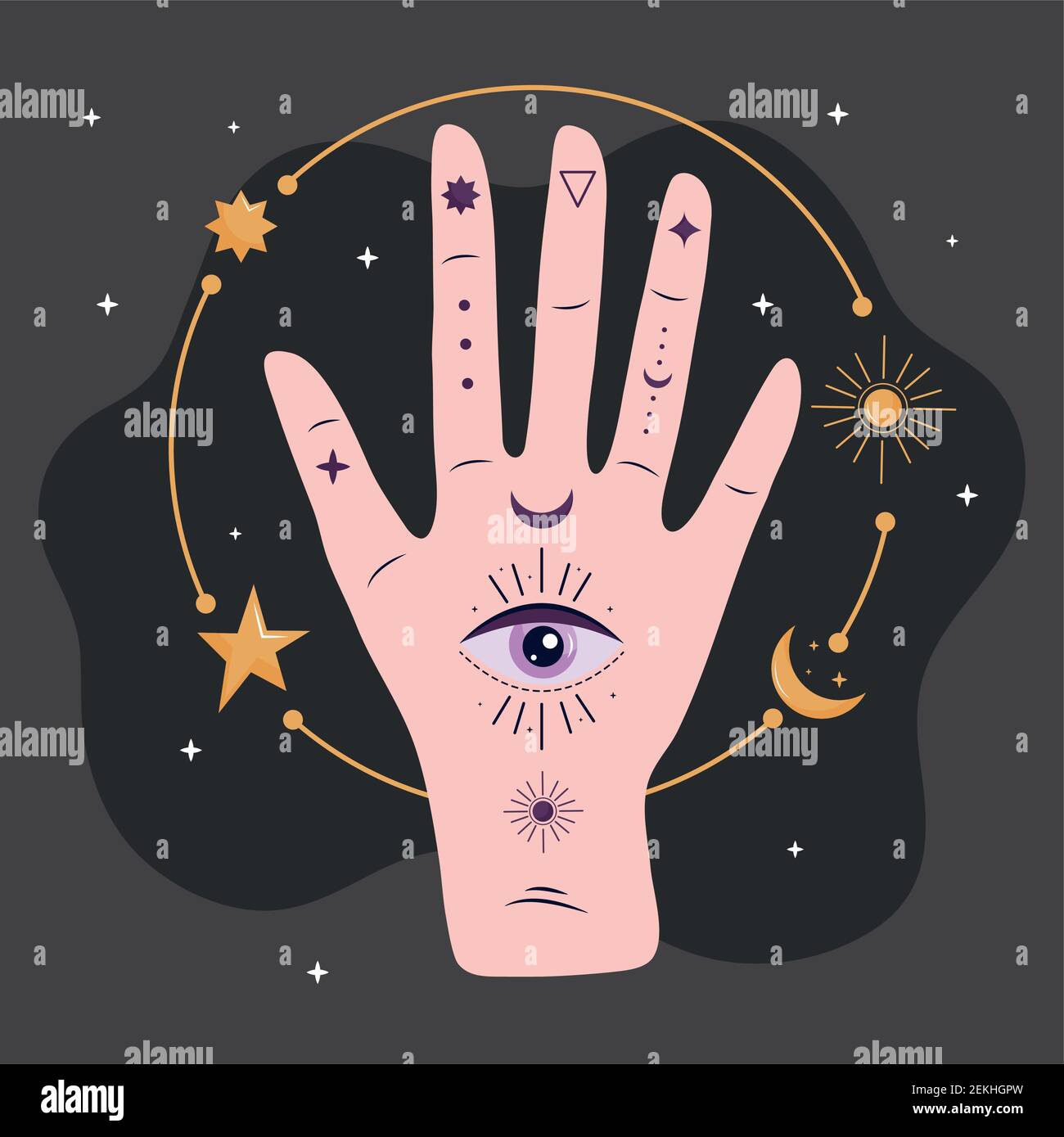 hand human with eye esoteric and golden stars and moon Stock Vector ...