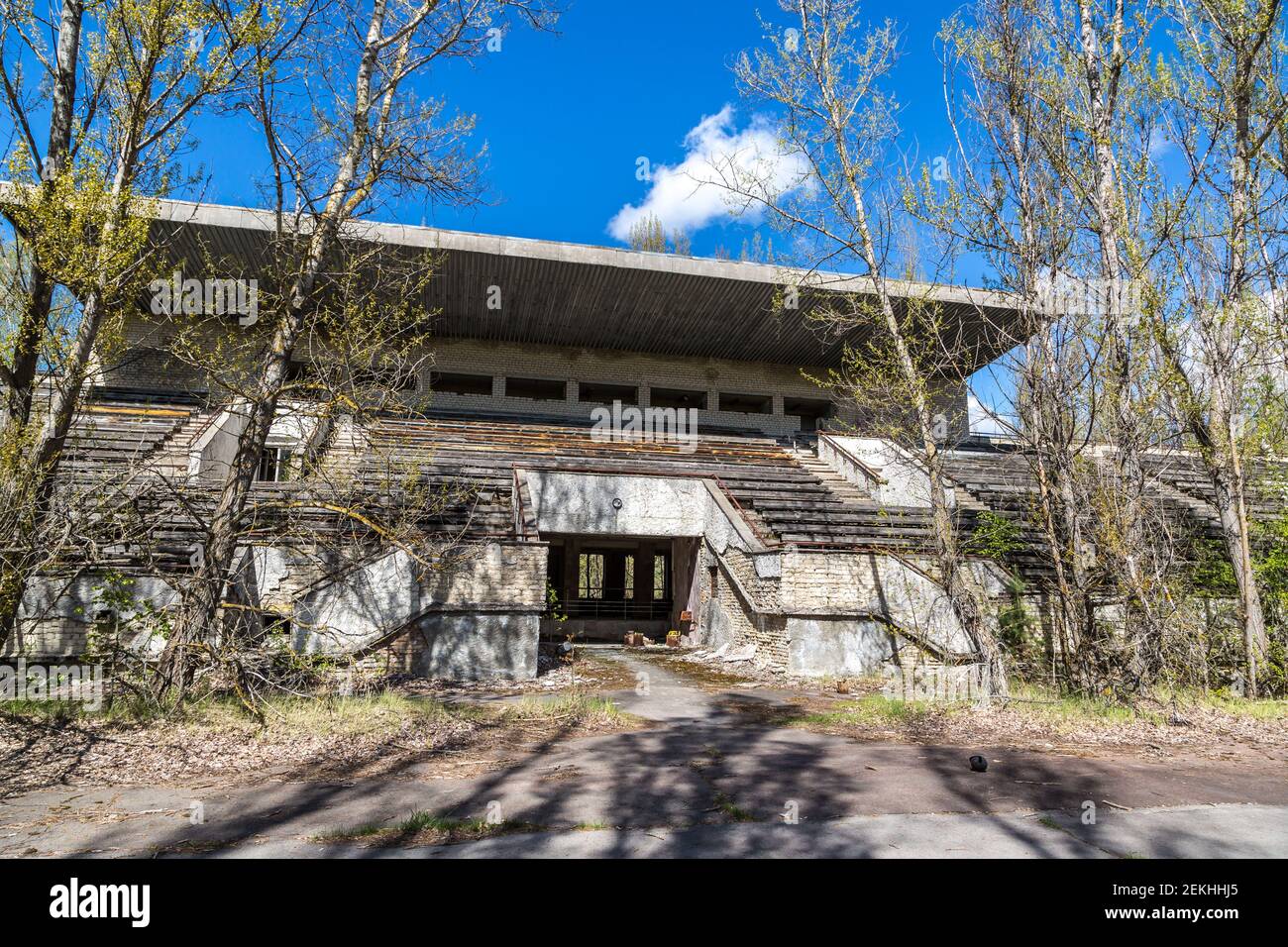 Abandoned stadium in Pripyat, Chernobyl region, Ukraine in a summer day ...