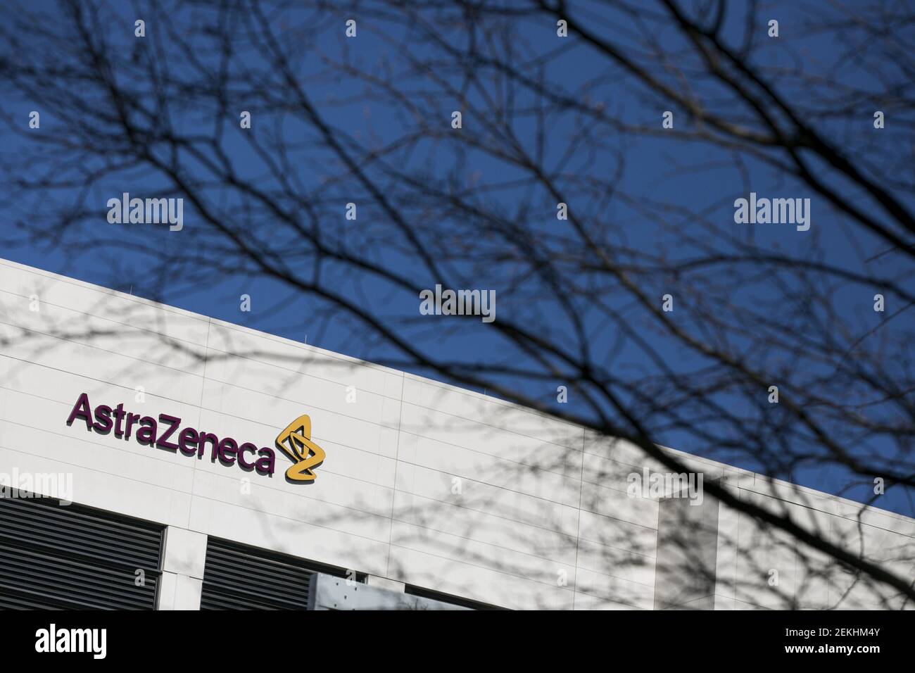 A logo sign outside of a facility occupied by AstraZeneca in Germantown ...