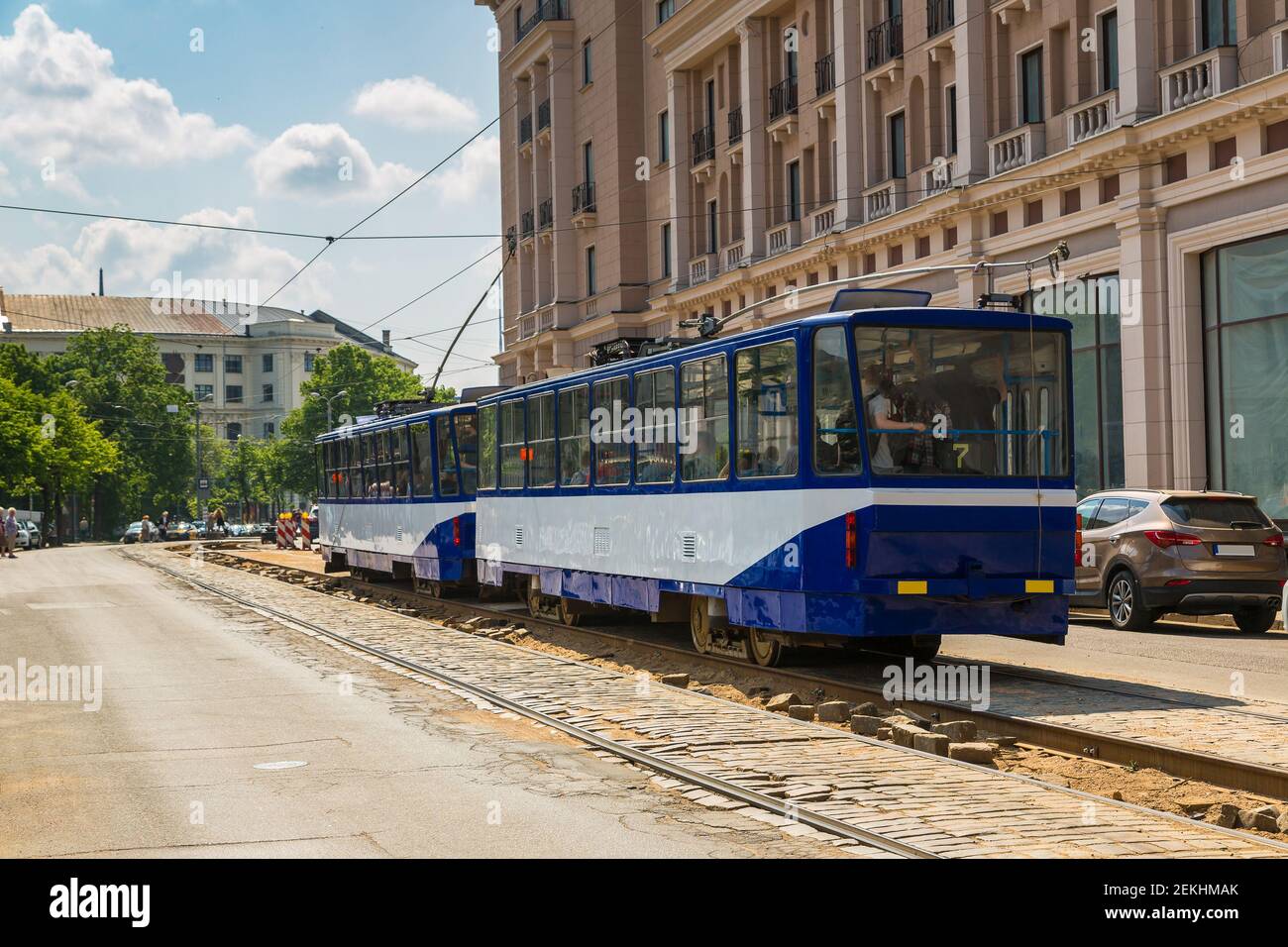 Modern tram in Riga in a beautiful summer day, Latvia Stock Photo - Alamy