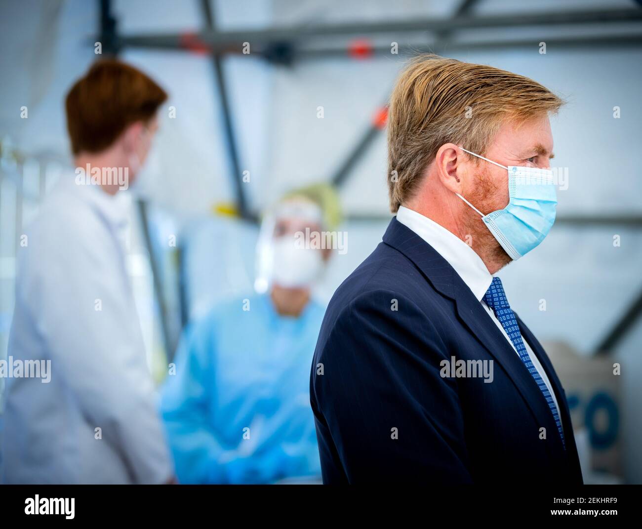 King Willem Alexander during a working visit to the corona test street ...