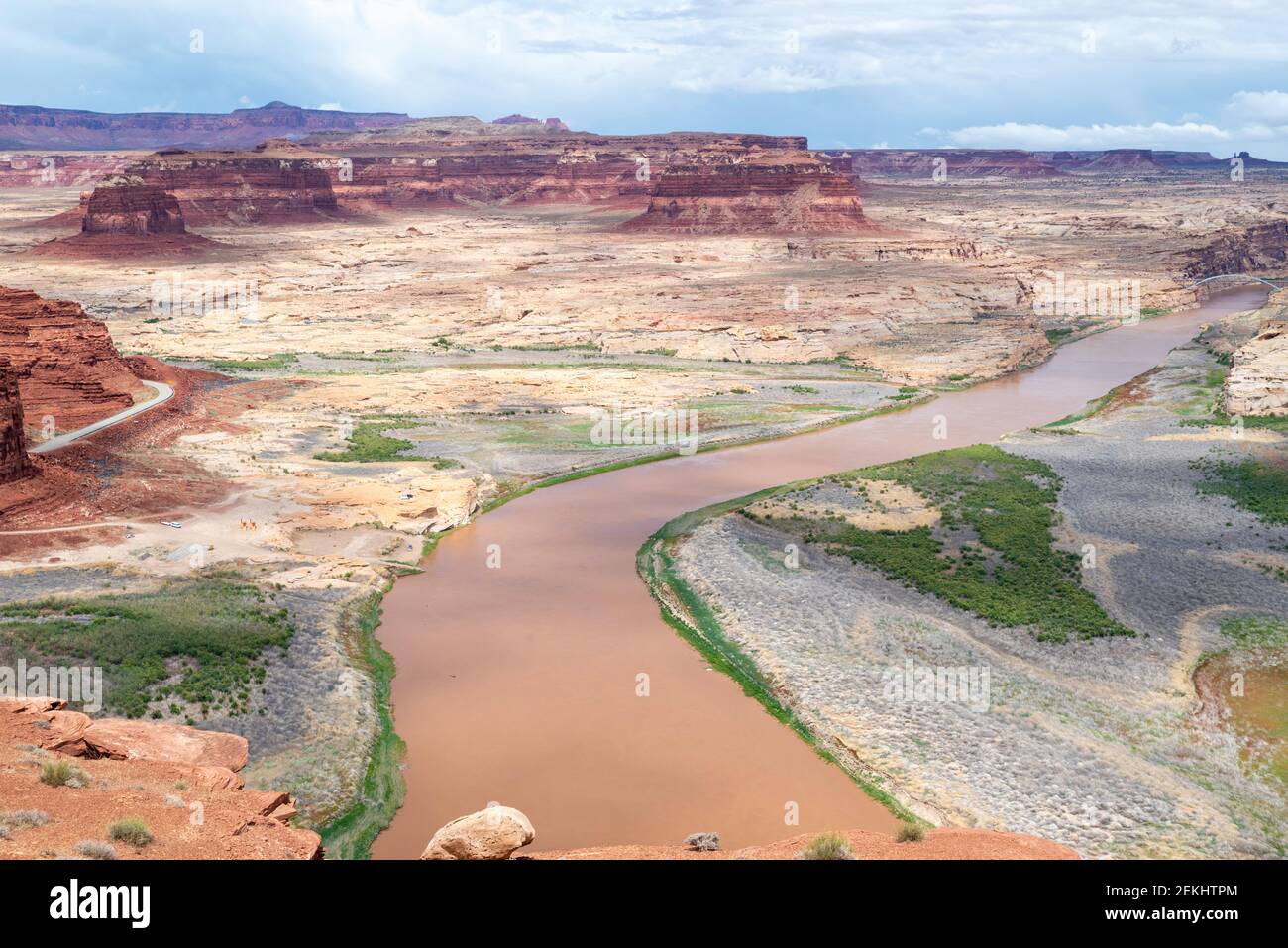 High angle view looking over the Colorado River and Hite, Utah, USA on ...
