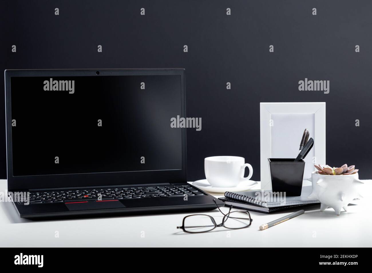 Home Office laptop blank template display workspace. Desktop with ...