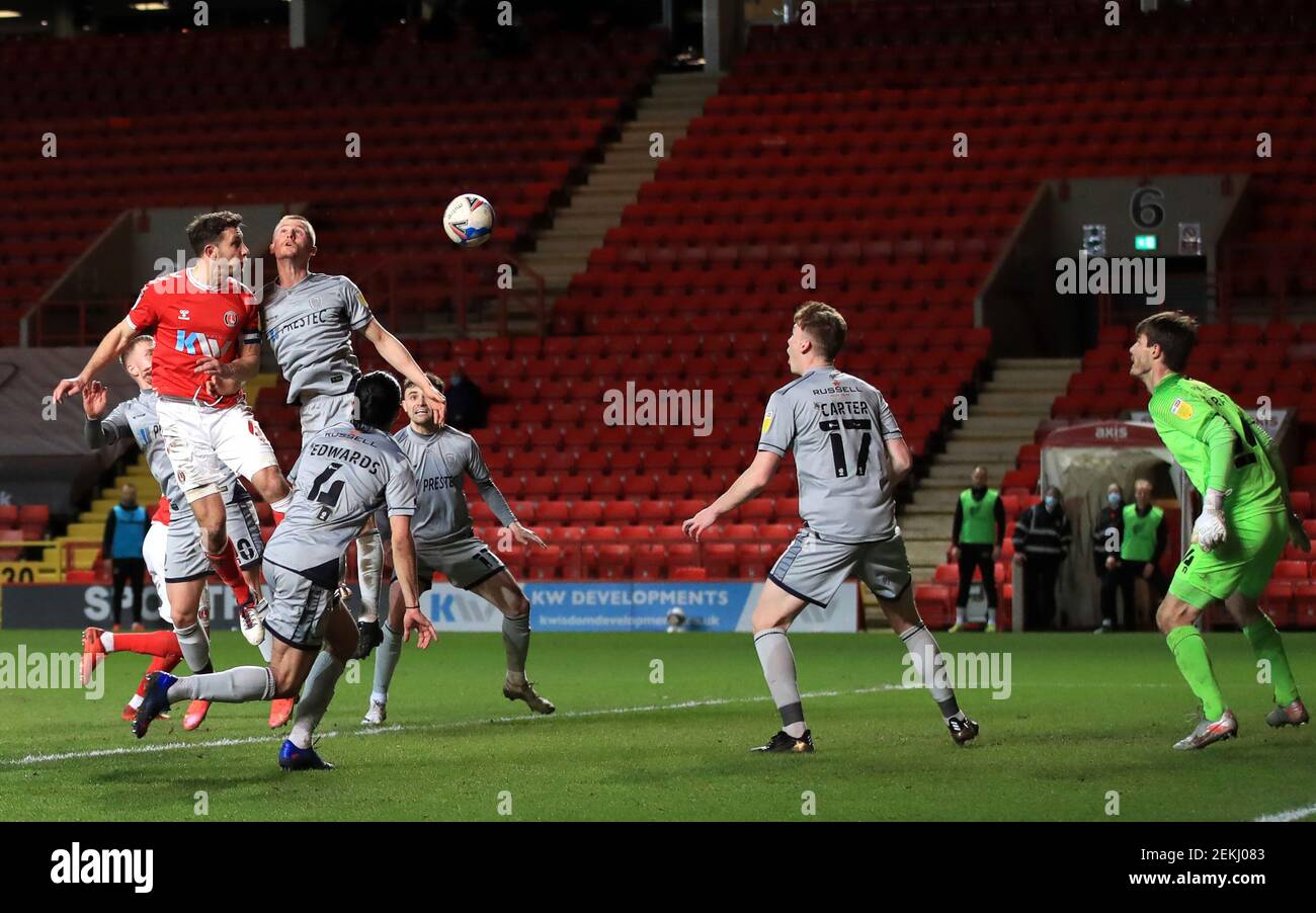 Charlton Athletic's Jason Pearce (left) attempts a shot on goal during ...
