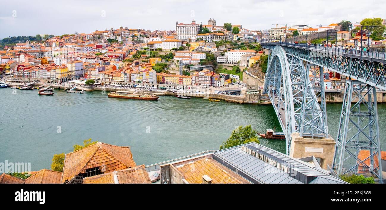 Centre of Porto, with the Luis I Bridge, a double-deck metal arch ...