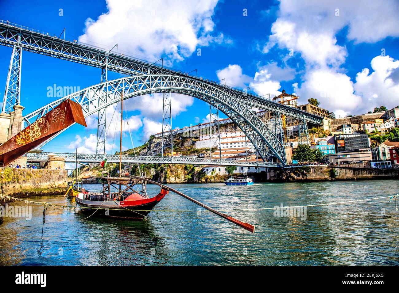 Centre of Porto, with the Luis I Bridge, a double-deck metal arch ...