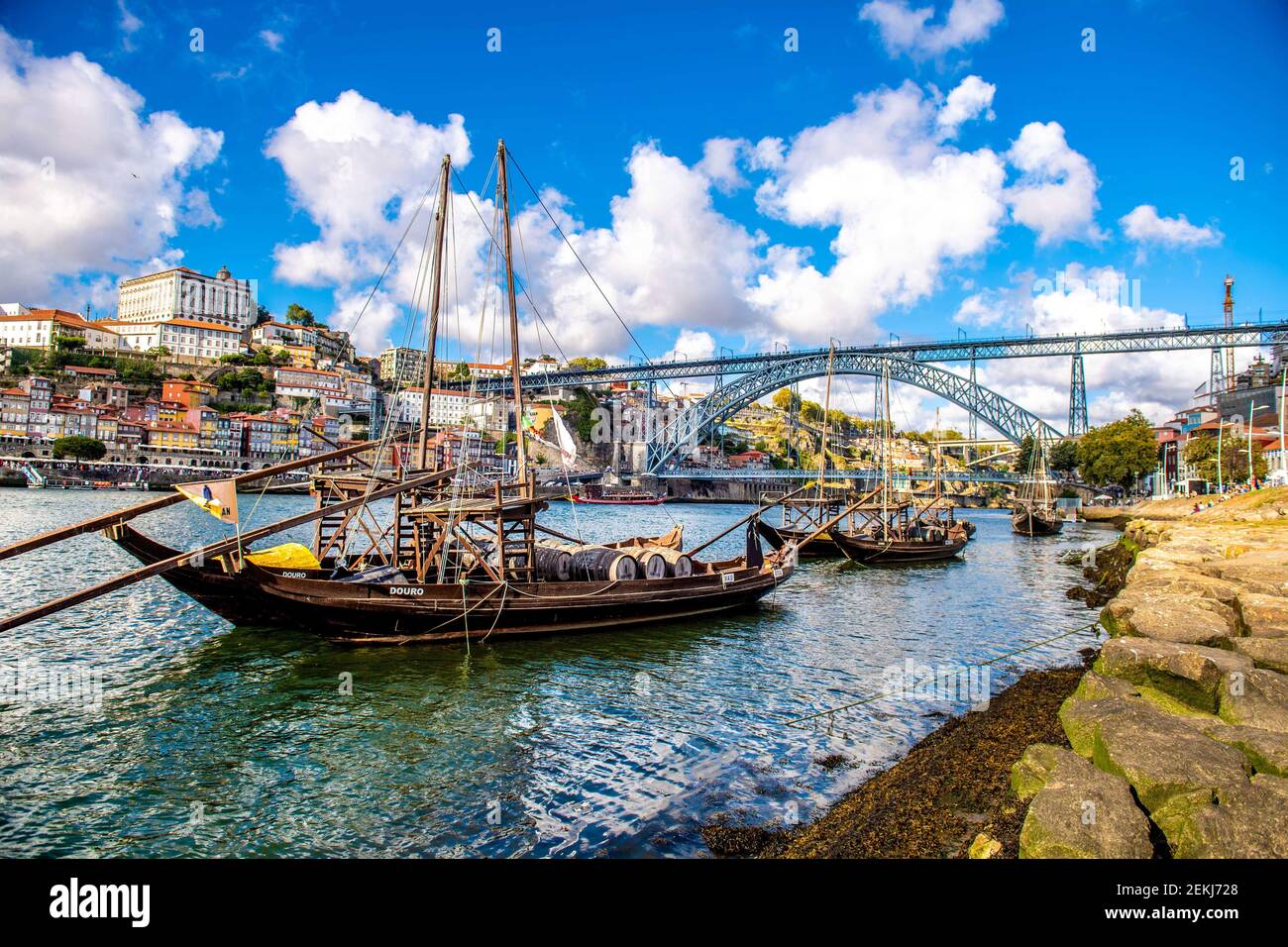 Centre of Porto, with the Luis I Bridge, a double-deck metal arch ...
