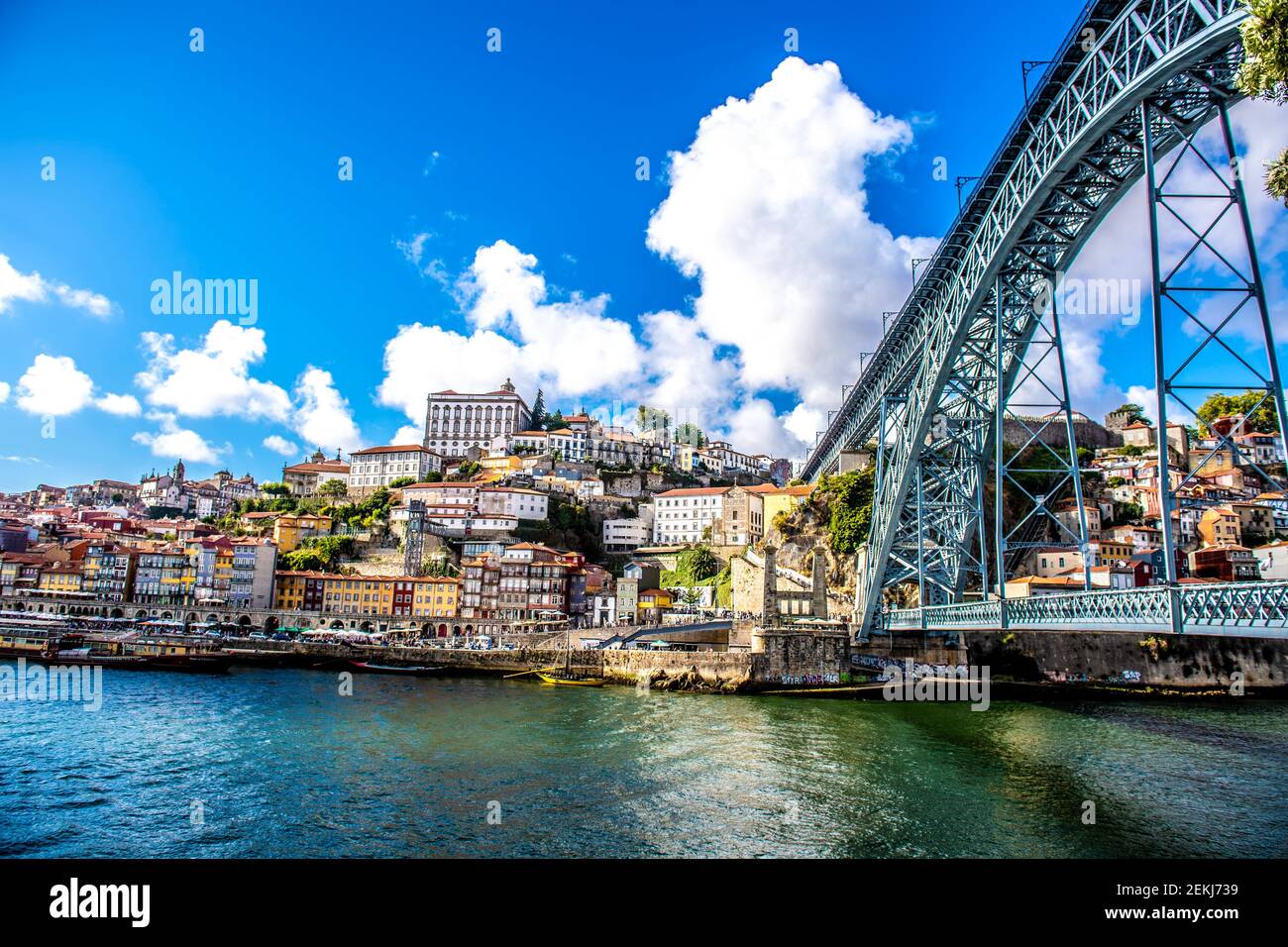 Centre of Porto, with the Luis I Bridge, a double-deck metal arch ...