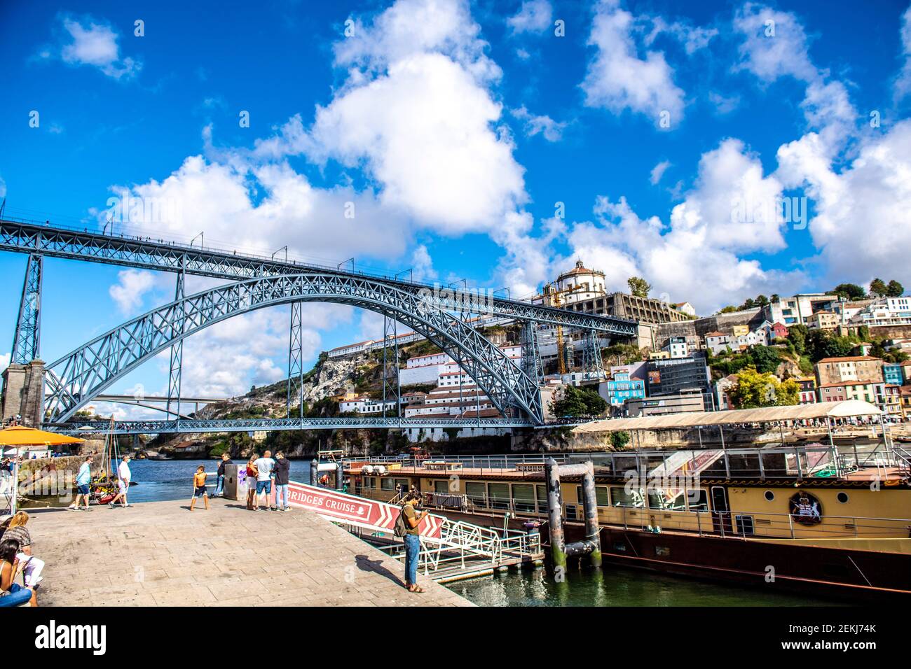 Centre of Porto, with the Luis I Bridge, a double-deck metal arch ...