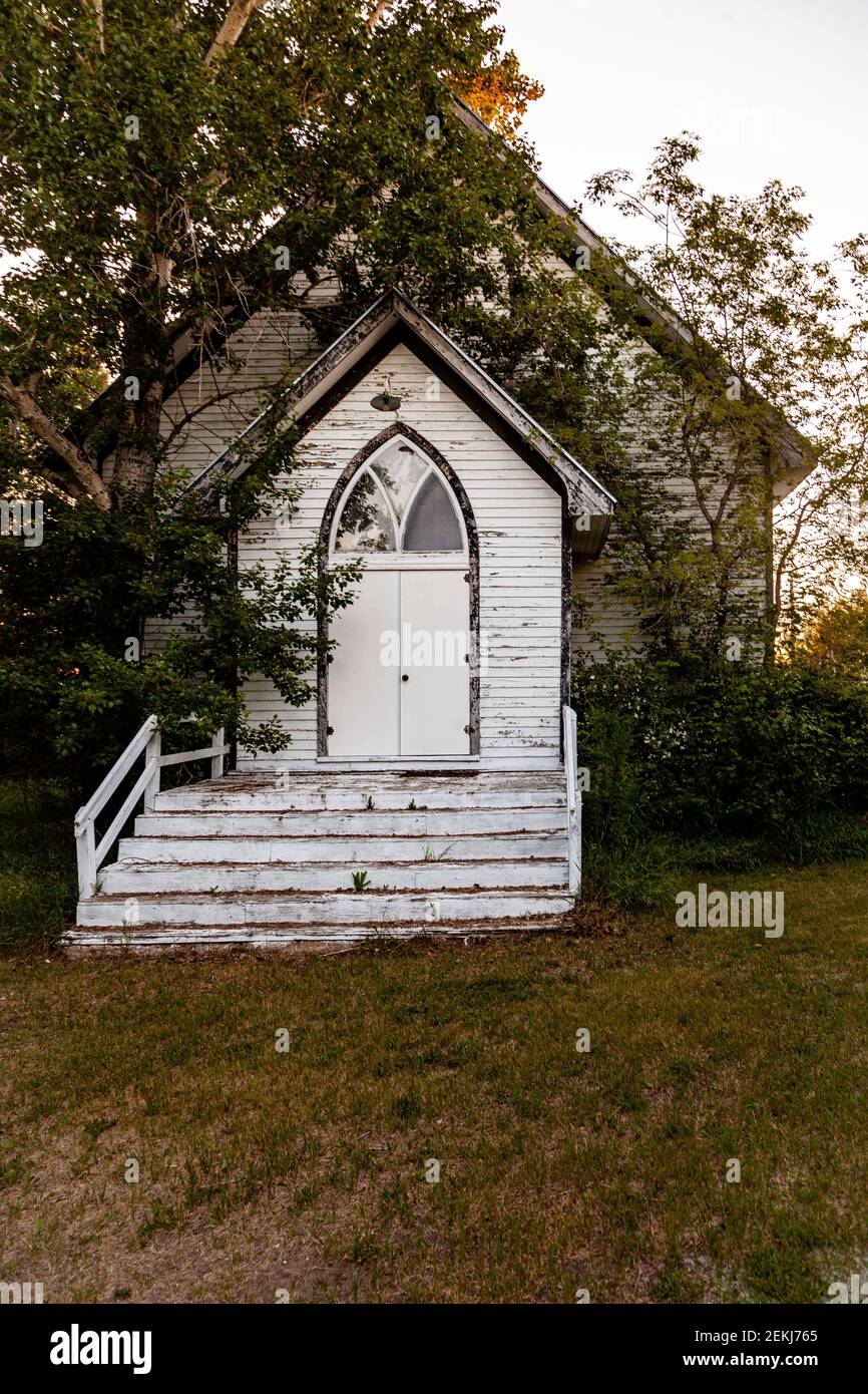 small abandoned church, in a small town, Springwater Saskatchewan Stock ...